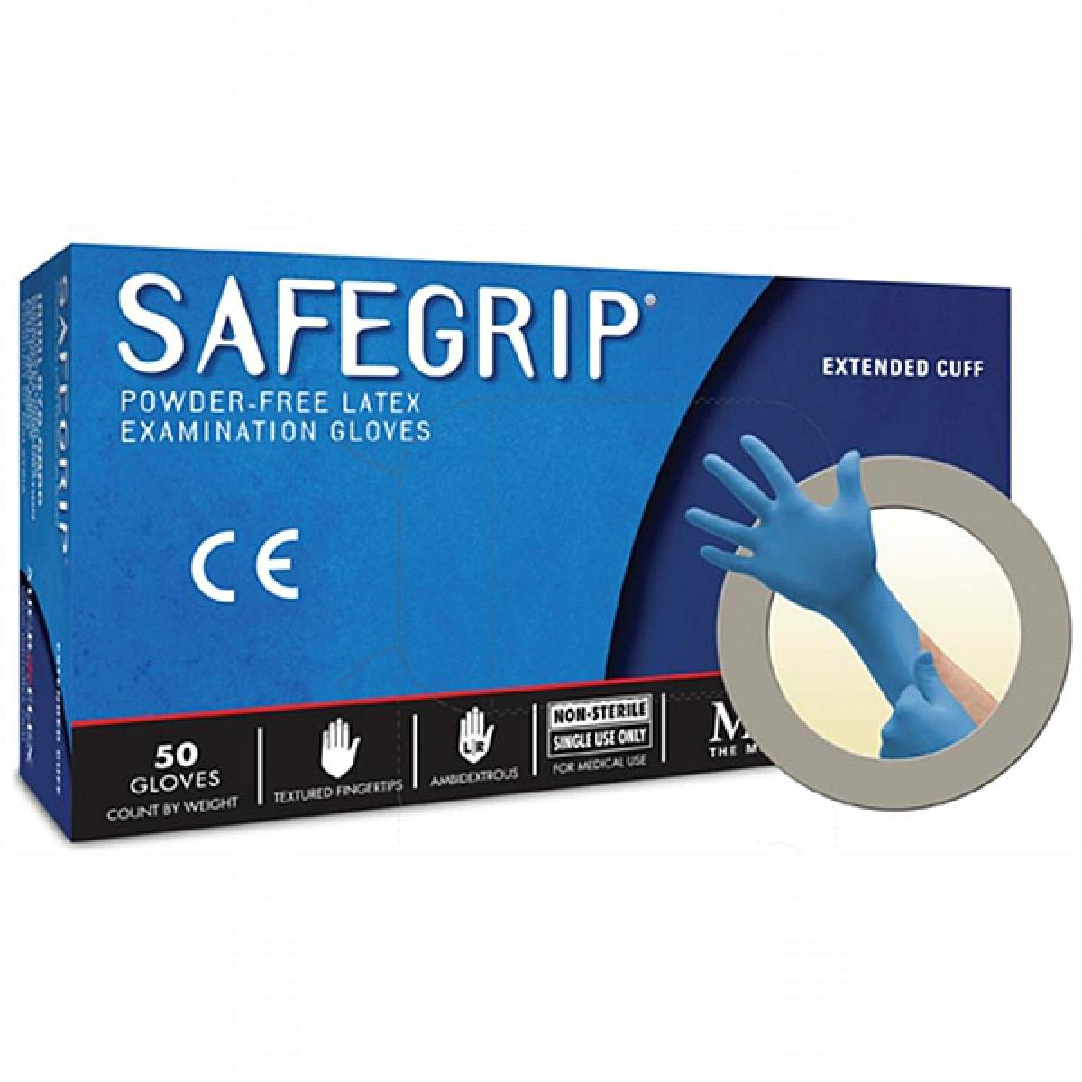 Latex Gloves, Safegrip, Powder Free, Blue, 50 Gloves per Box